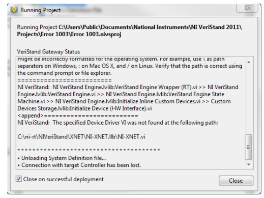 Error 1003, 1026 or 7 when Deploying a XNET Database in VeriStand - NI